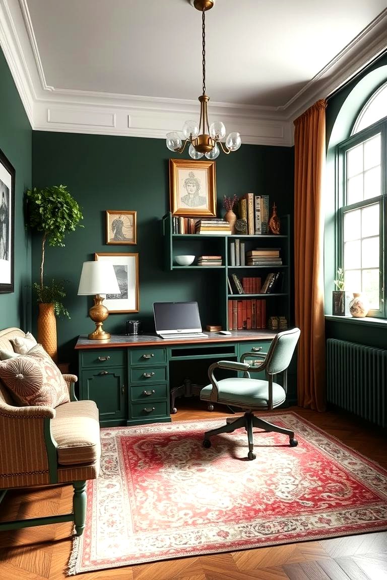 30 Rich Dark Green Home Office Designs for a Focused Workspace